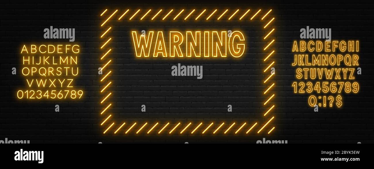 Warning neon sign on dark background. Template for design with fonts ...