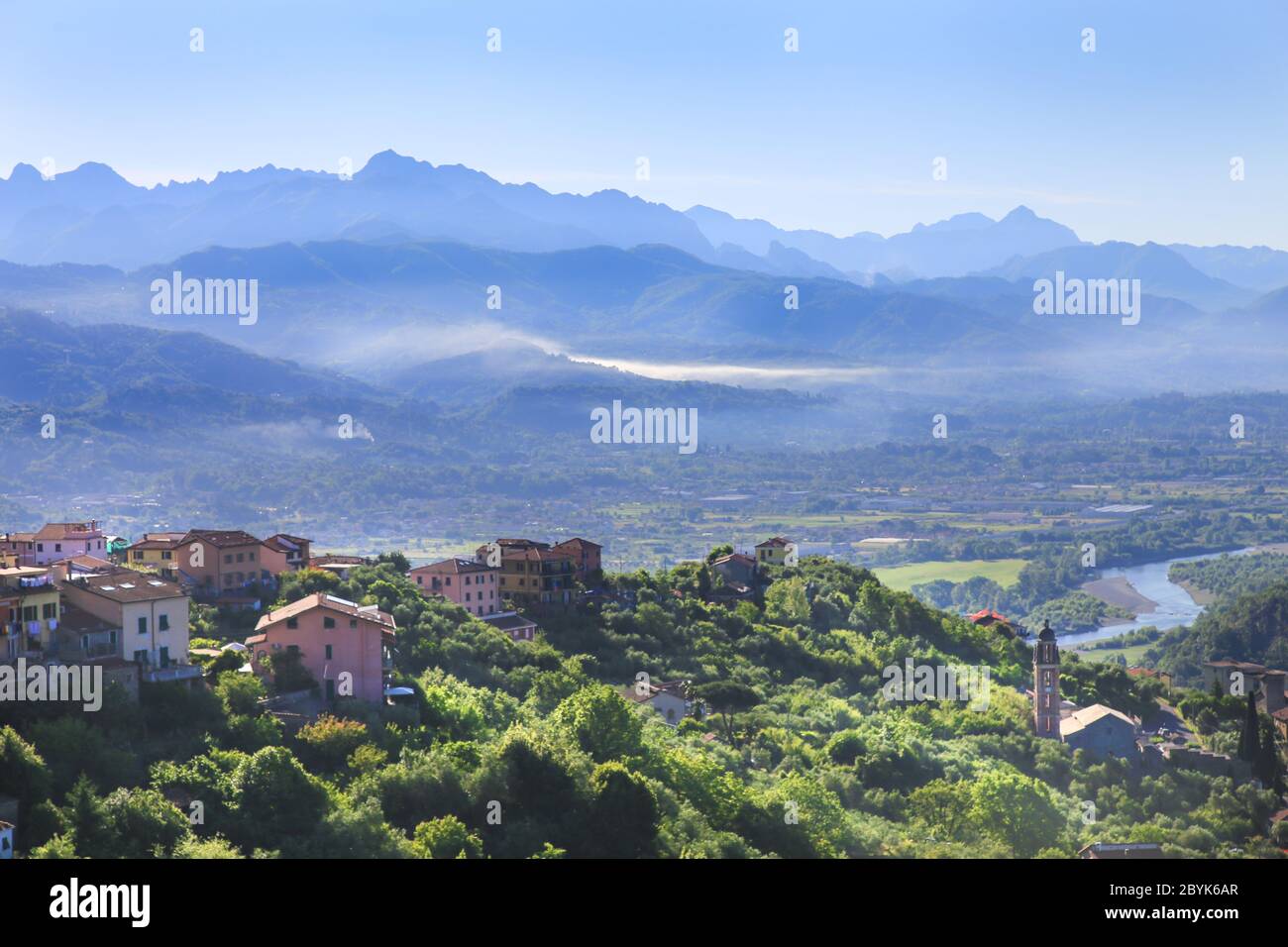 Panoramic view of the Val di Magra with the Magra river and the range ...