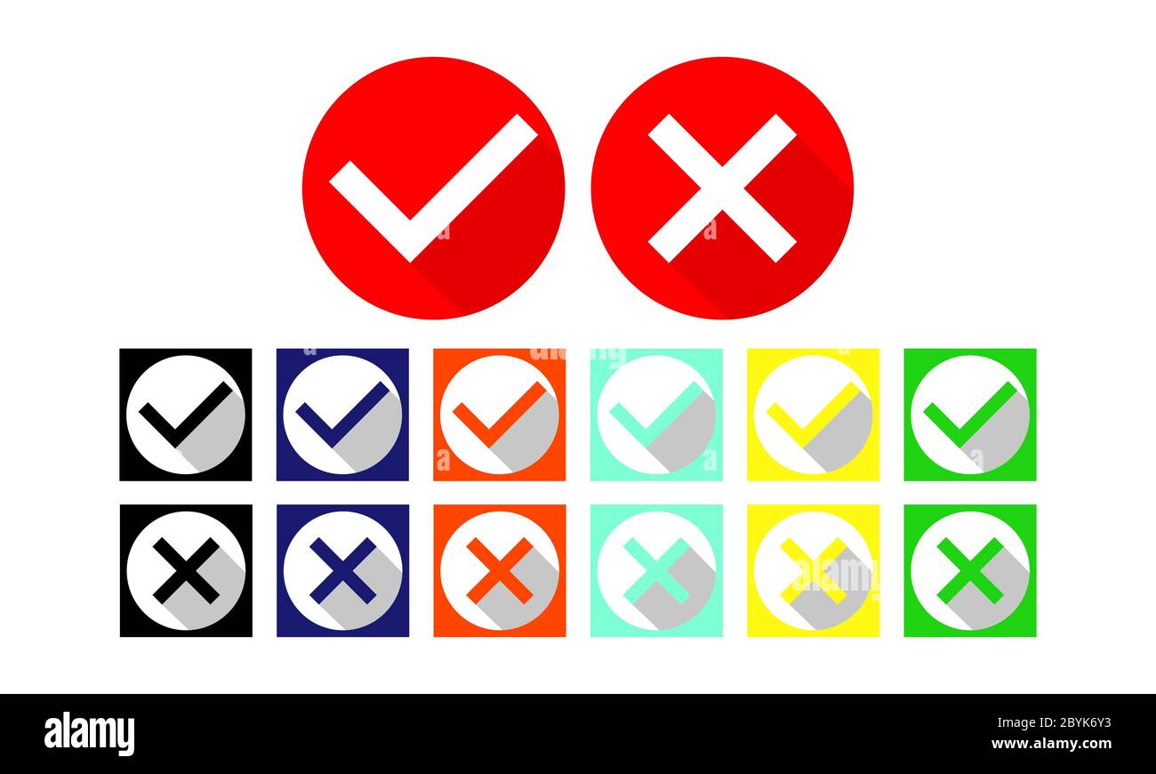Check marks or tick, cross checkmarks flat icon set in modern colour ...