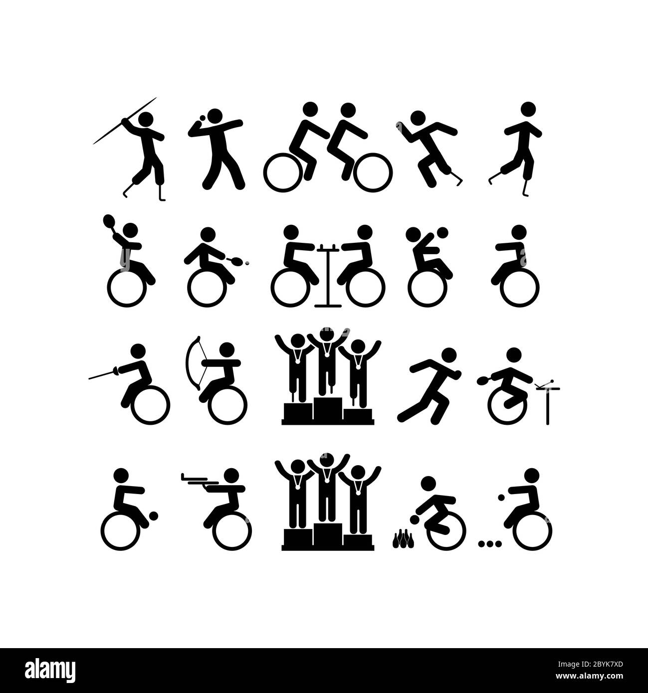 Para-athlete icon set in black or people with disabilities on isolated ...