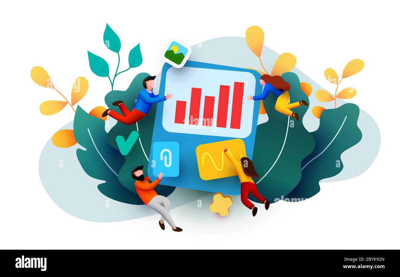 Small 3d flying people around business solution elements working ...