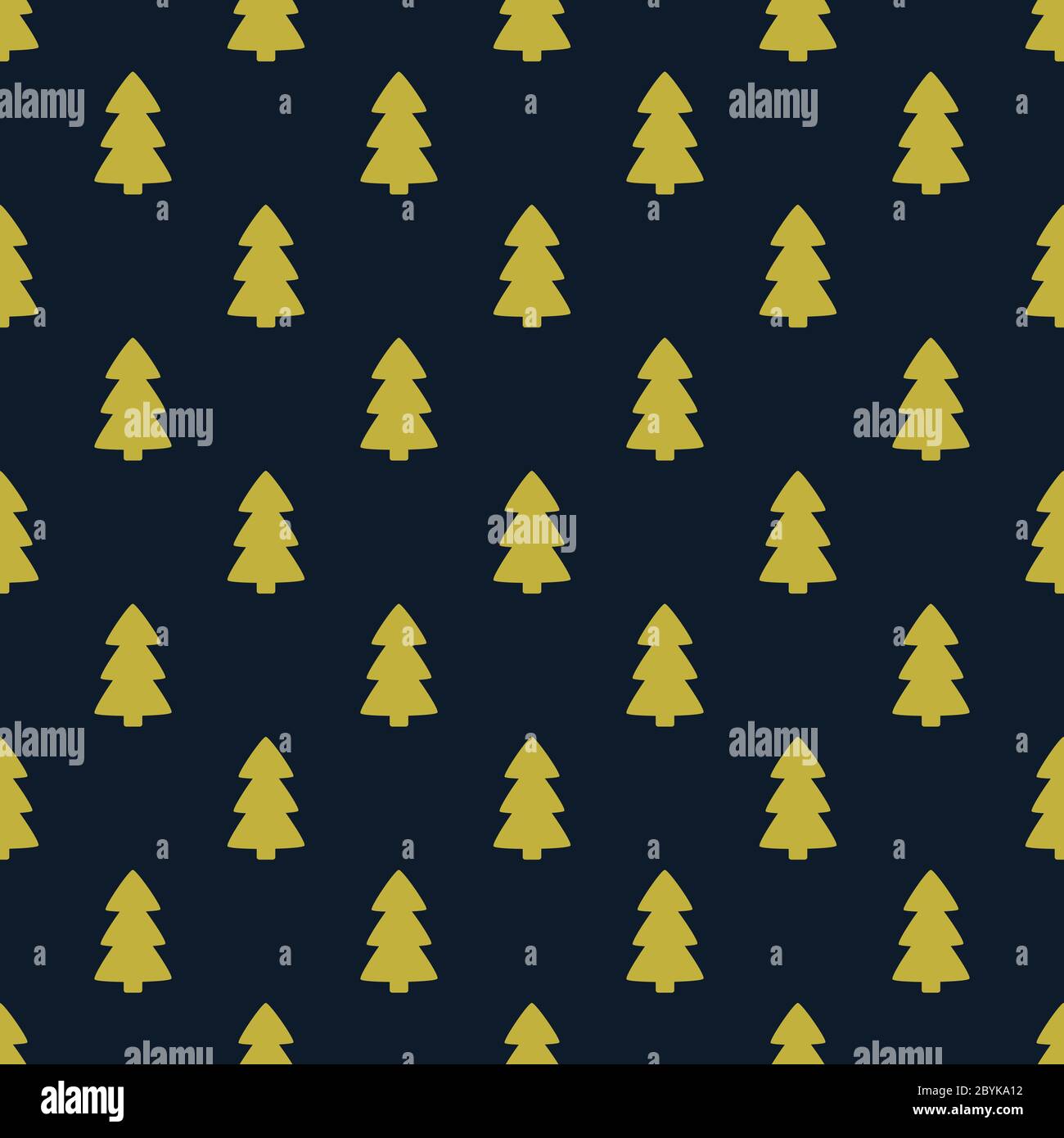 Gold Christmas trees on dark blue background seamless pattern. Vector ...