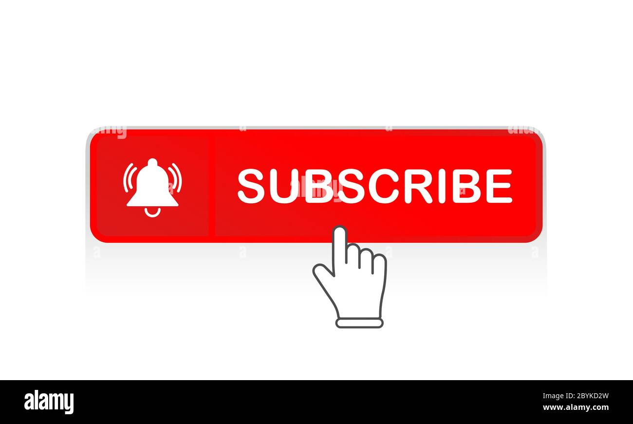 Red subscribe button with mouse pointer and notification bell icon flat in modern colour design ...