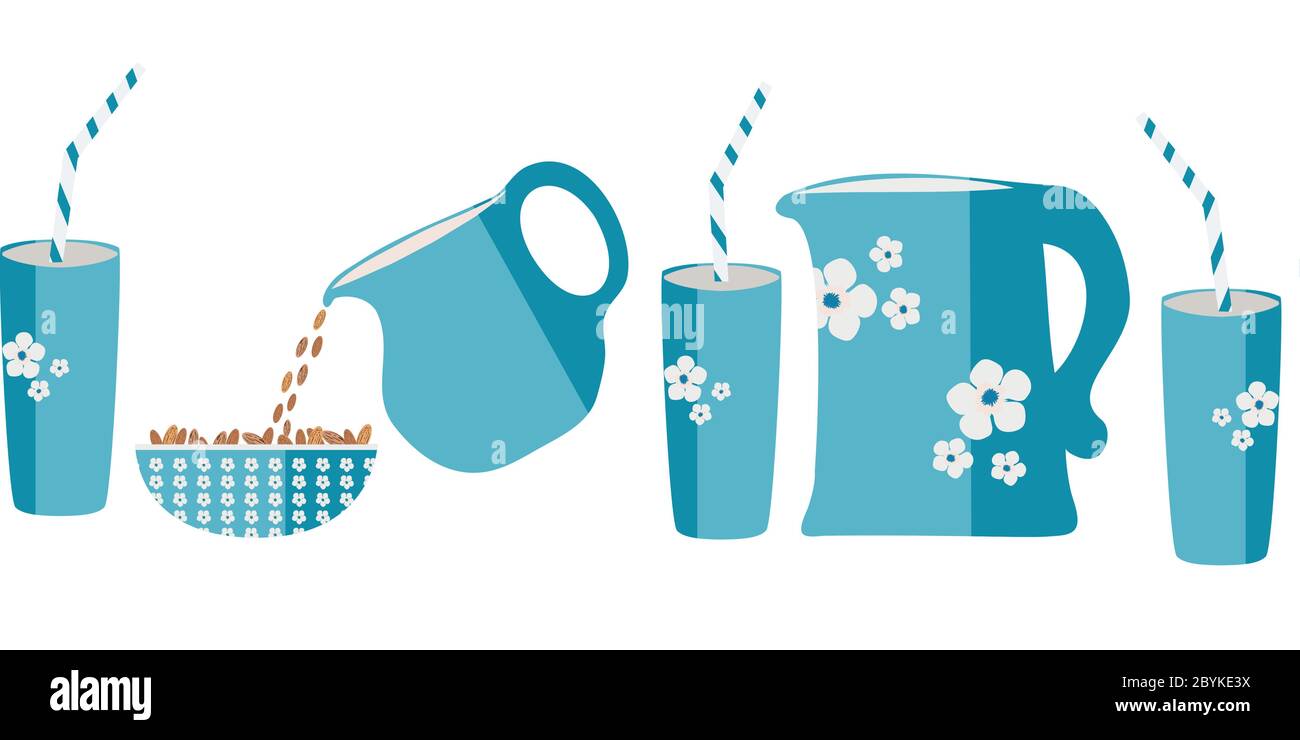 Almond milk vector seamless border. Banner of pretty blue bowls and ...