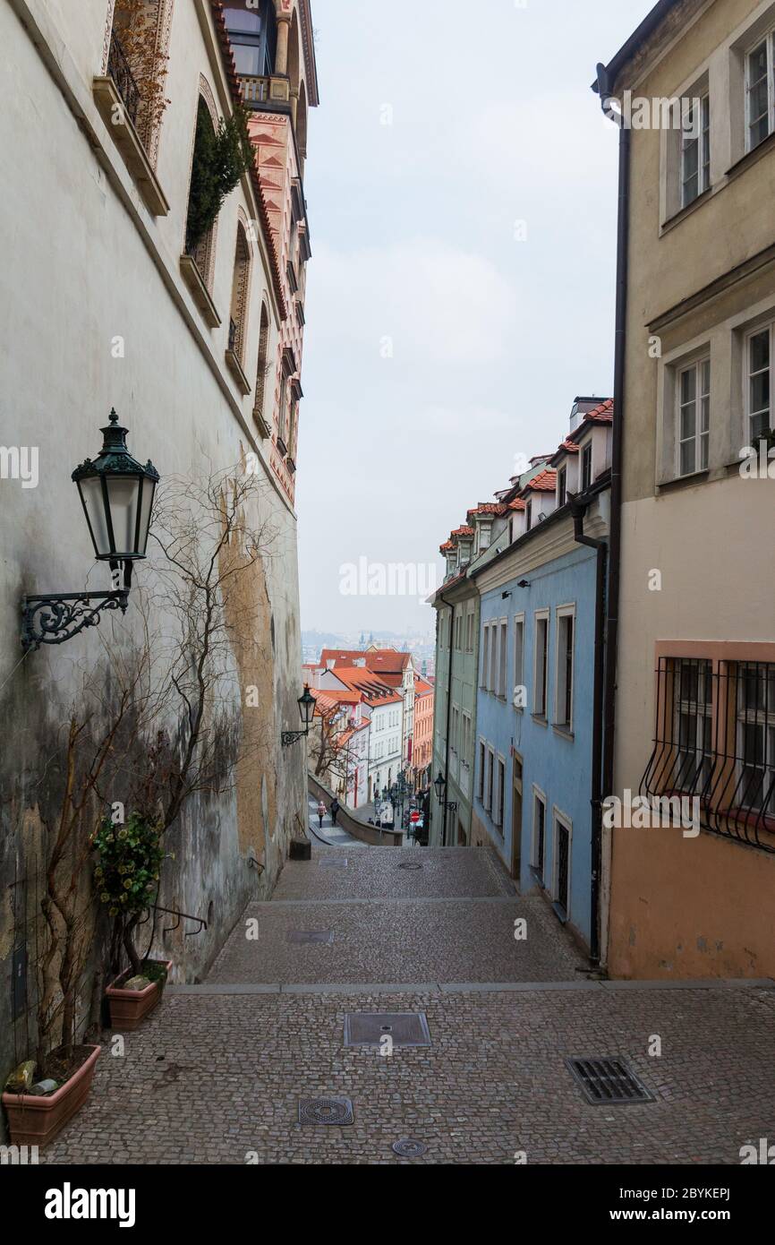 Prague (typical street), Czech Republic. Beautiful vertical shot of a ...