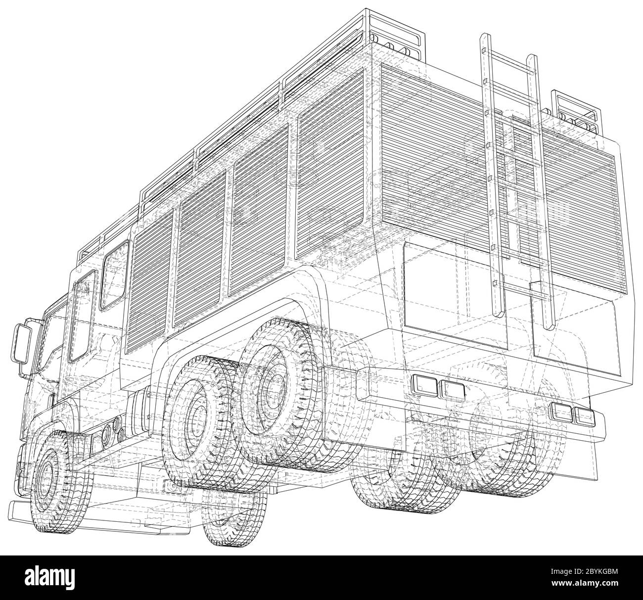 Vector Wire-frame isolated Fire truck on background. Vector rendering ...