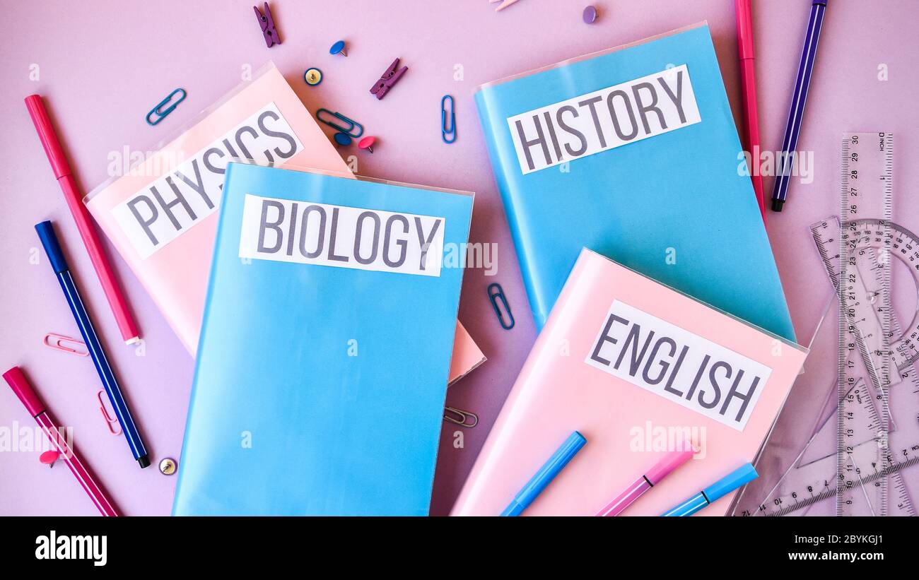 School subject books with supplies on color background, back to school ...