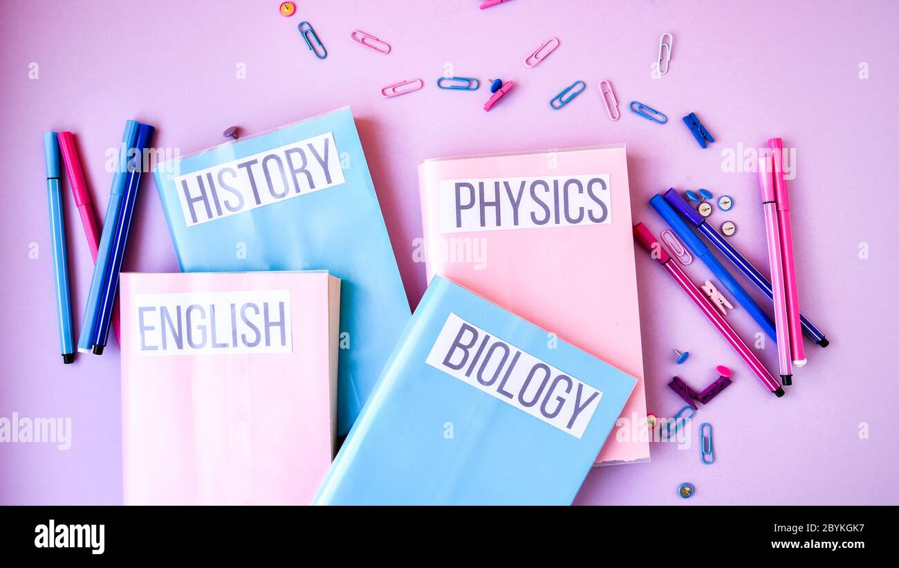 School subject books with supplies on color background, back to school ...