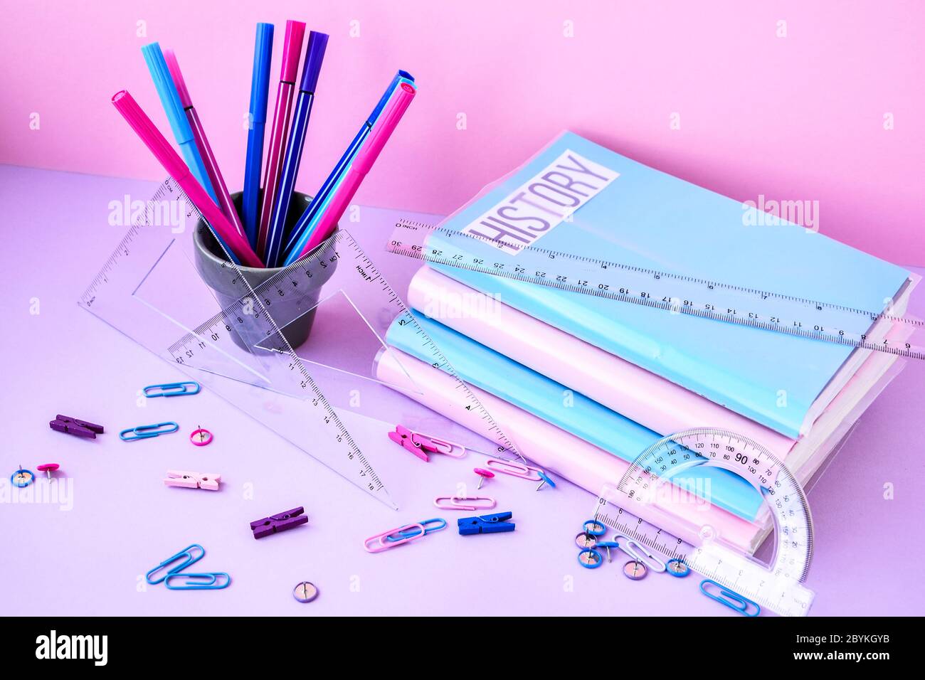 School subject books with supplies on color background, back to school ...