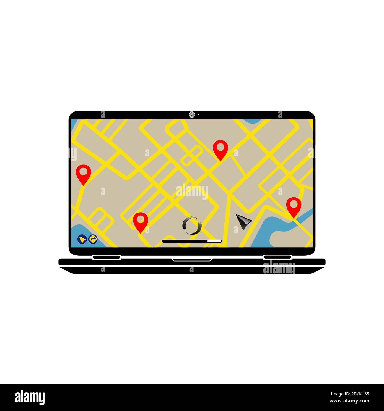 Laptop with GPS navigation concept with city map application or map location in flat, pointer ...