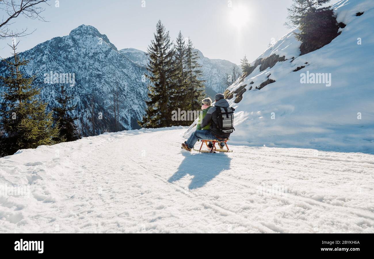 Speeding downhill on wooden sled. Happy influencers couple having fun ...