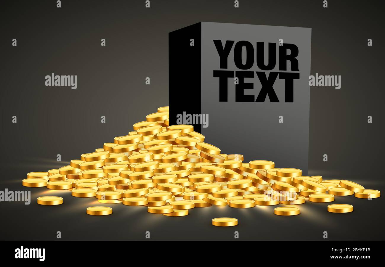 Blank black cube with golden coins isolated on dark background. Vector ...