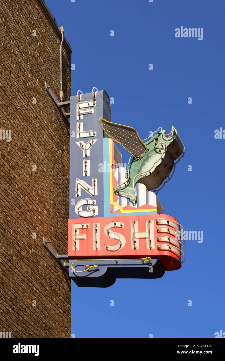 LITTLE ROCK, ARKANSAS, USA - JULY 25, 2019: Flying Fish nostalgic neon ...