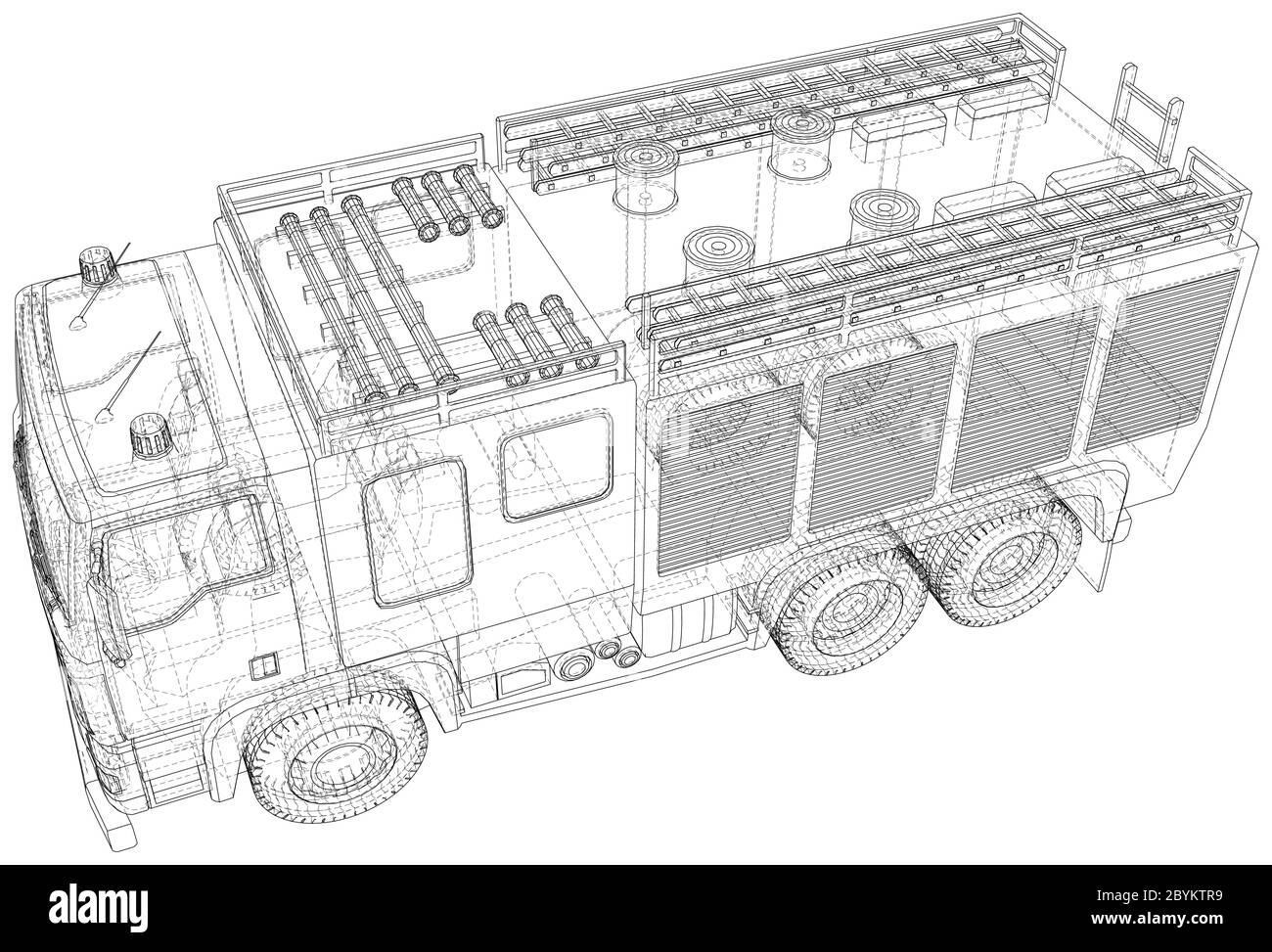 Vector Wire-frame Fire truck. The layers of visible and invisible lines ...