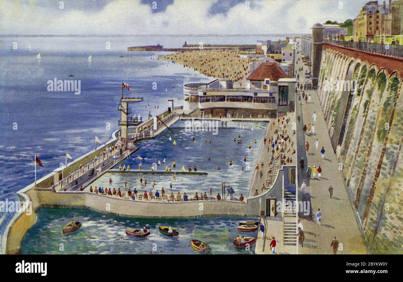 watercolour Ramsgate bathing pool 1930's Stock Photo - Alamy