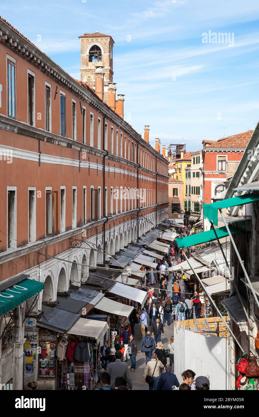Market stalls viewed from an elevated position along the Ruga dei Oresi ...
