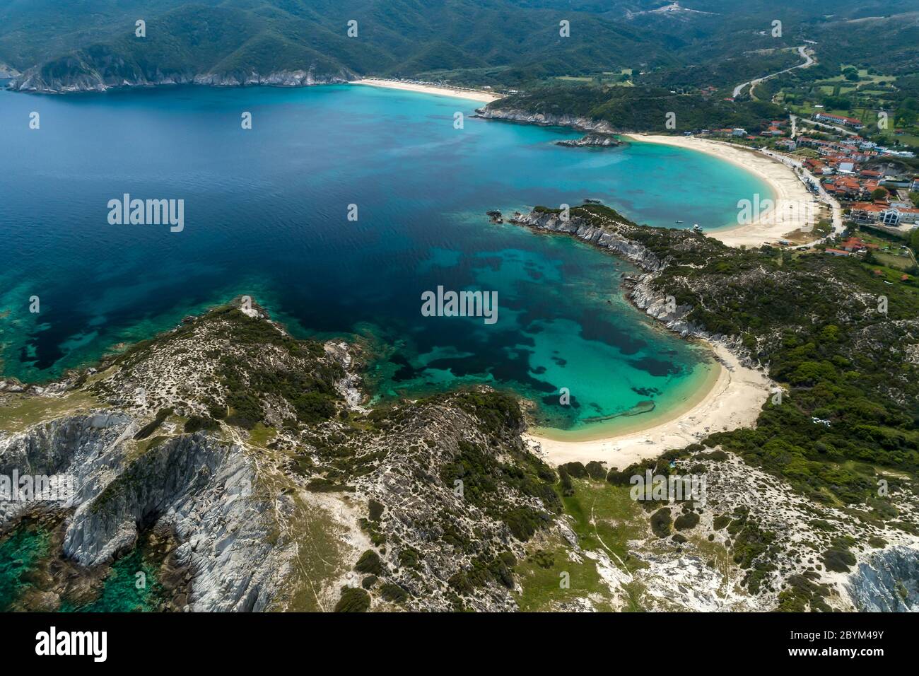 Aerial view of Kalamitsi beach on the Sithonia peninsula, in the ...