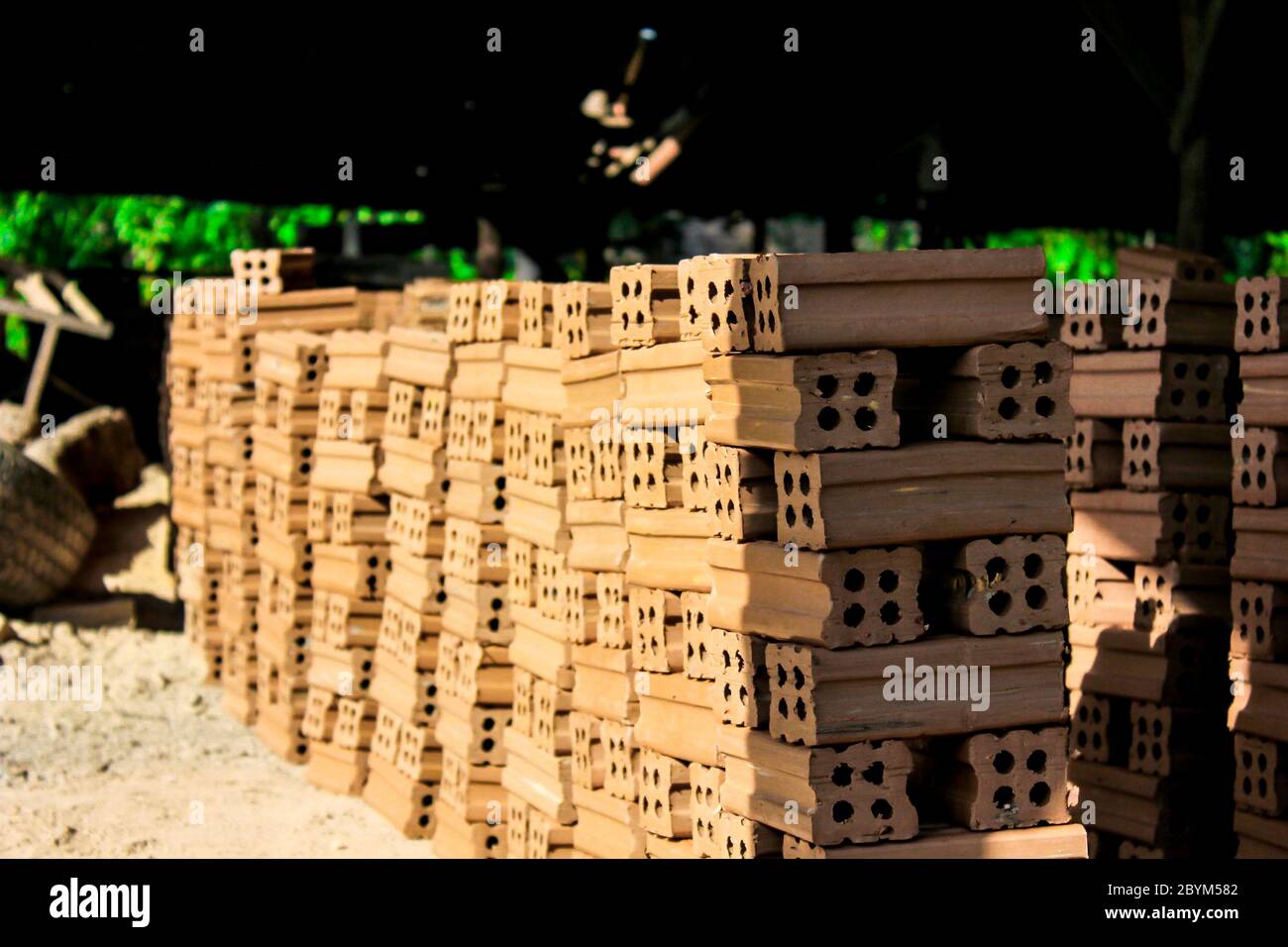 brick kiln. collection set of red bricks stack in oven factory before ...