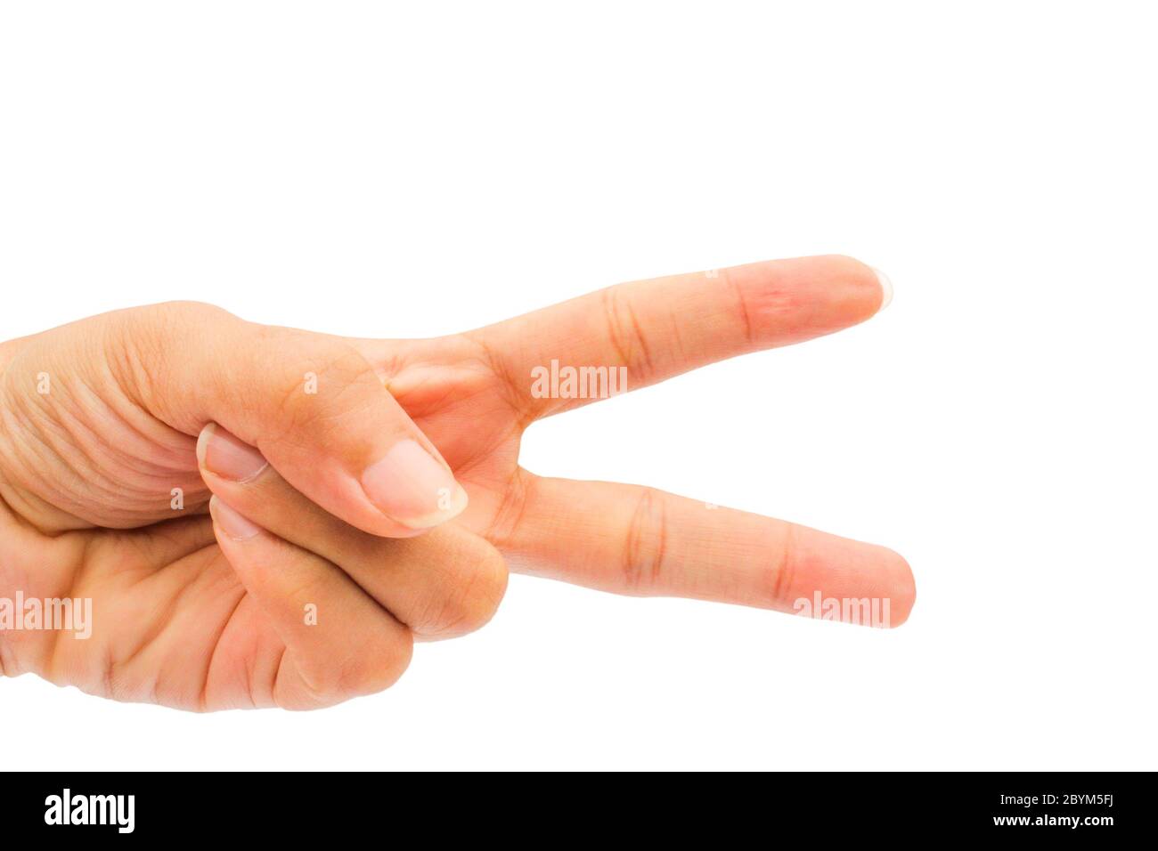 woman showing two fingers isolated on white background Stock Photo - Alamy