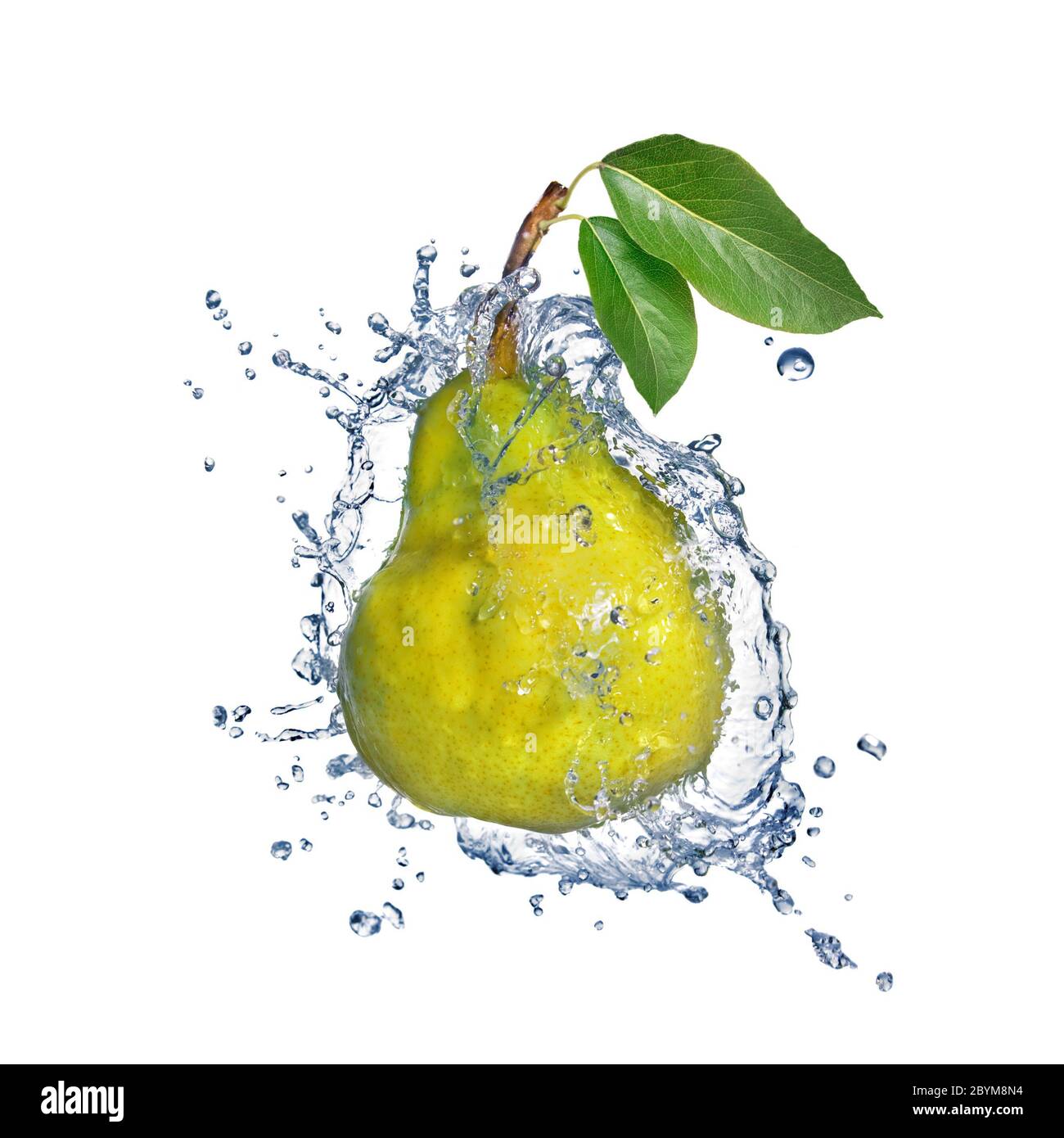 yellow pear with water splash isolated on white Stock Photo - Alamy