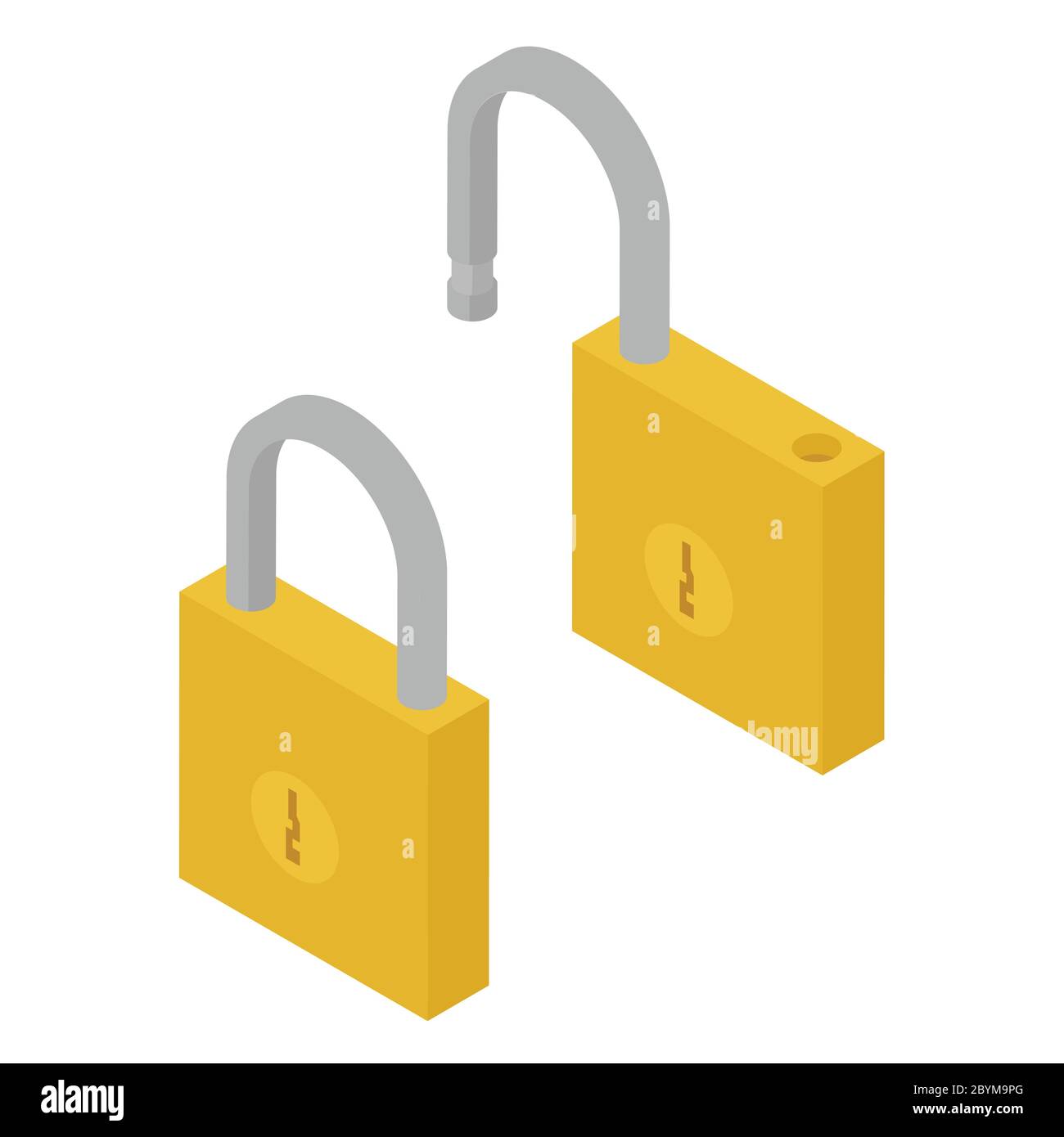 Locked and unlocked padlock isolated on white background isometric view ...