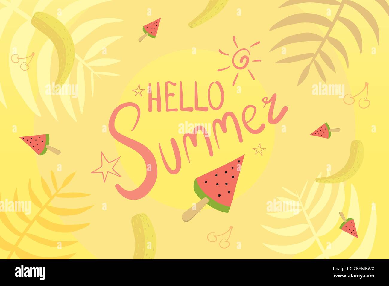Hello Sunny Summer Vector Background Illustration With Watermelon ...