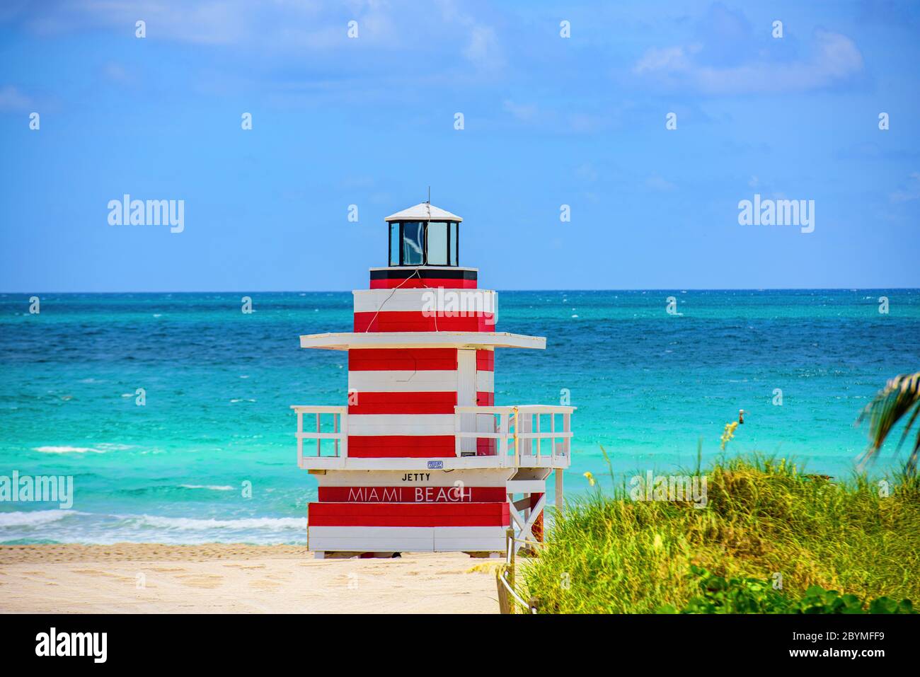 Atlantic Ocean background. Miami South Beach skyline. Lifeguard tower ...