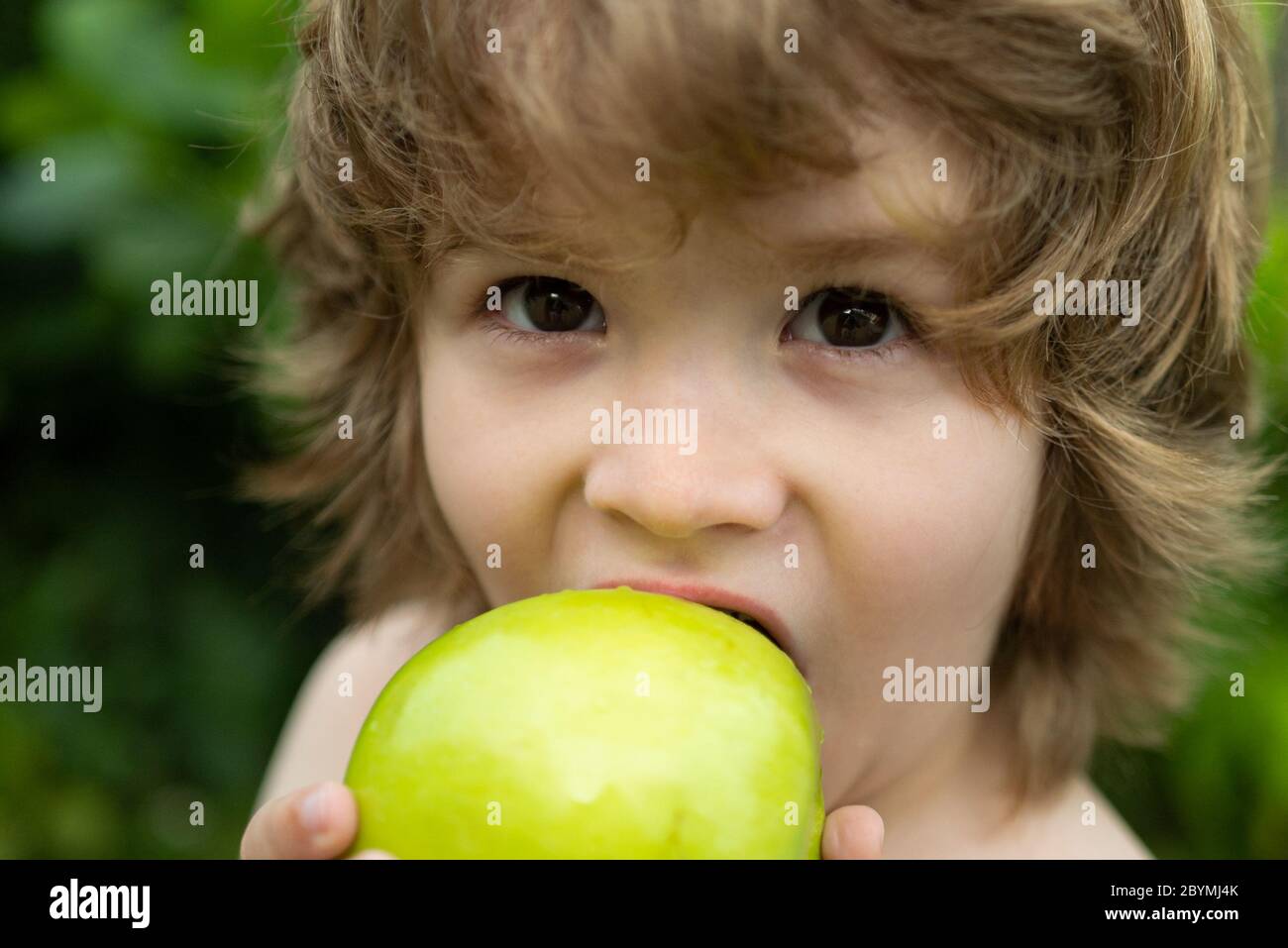 Child boy eating an apple in a park in nature Stock Photo - Alamy