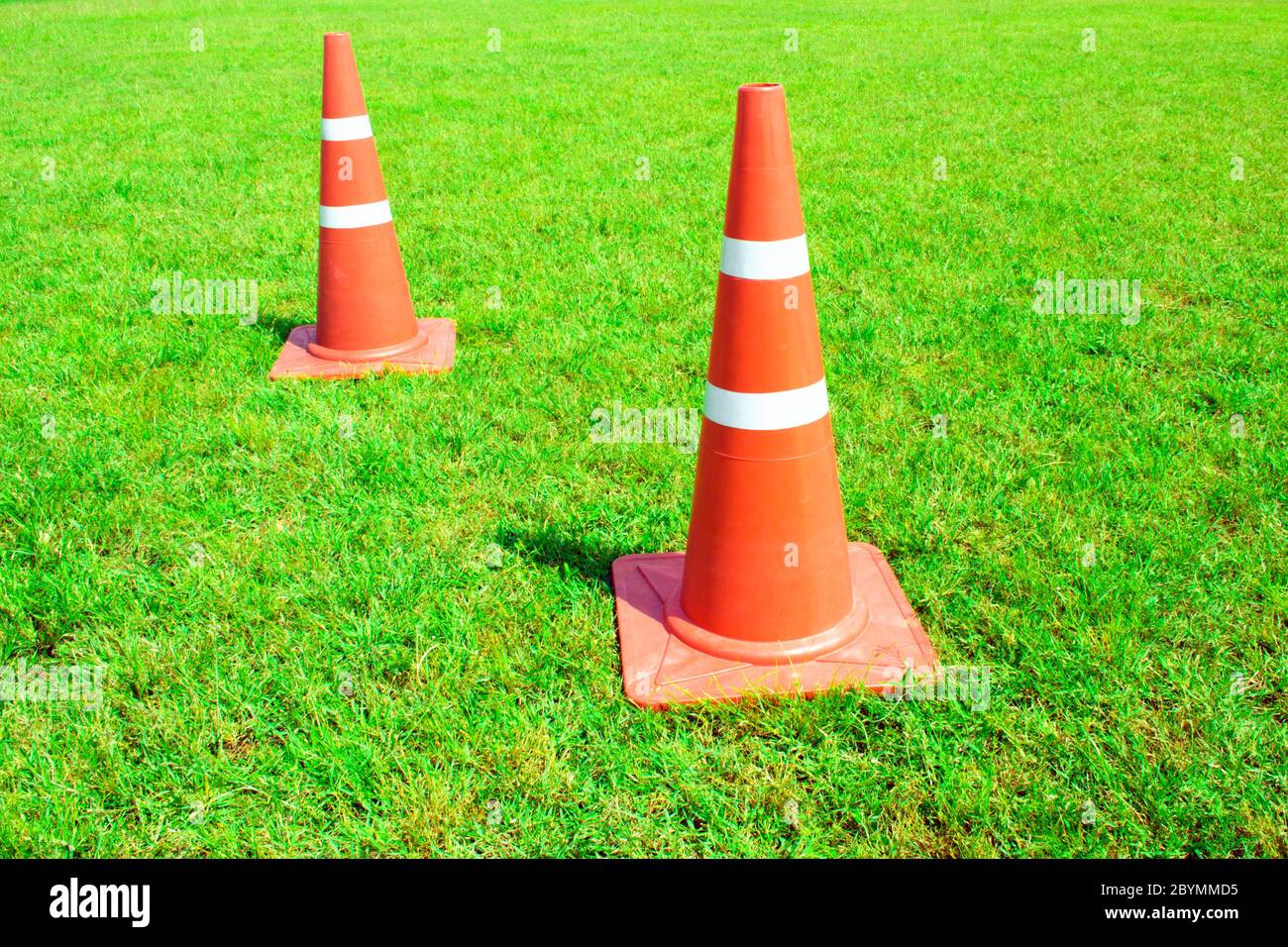 plastic field cones on green grass seamless texture in soccer field ...