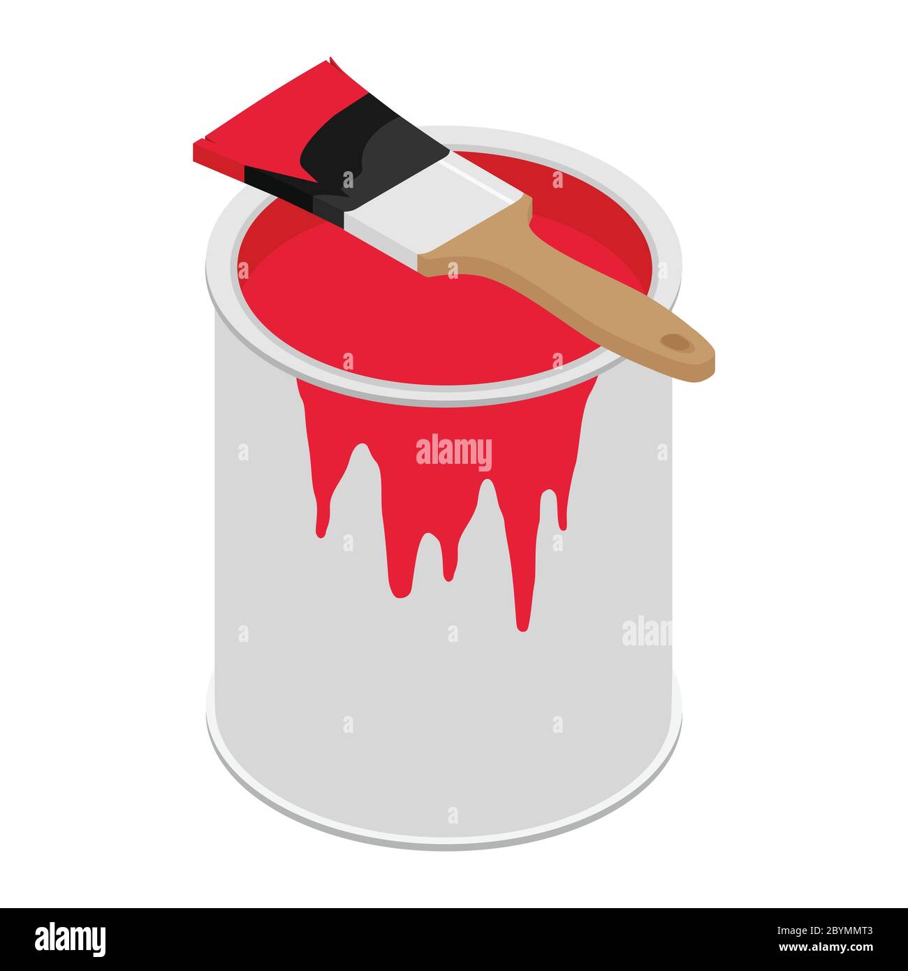 Metal paint can with red paint and paintbrush with wooden handle vector ...