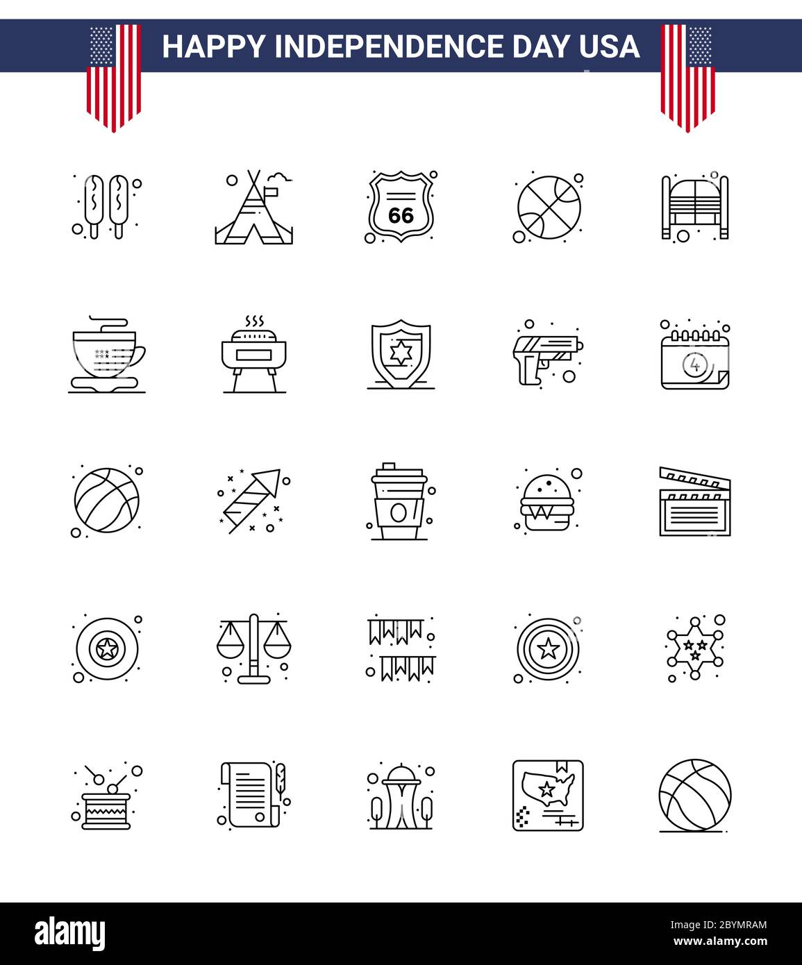 25 USA Line Pack of Independence Day Signs and Symbols of saloon; bar ...
