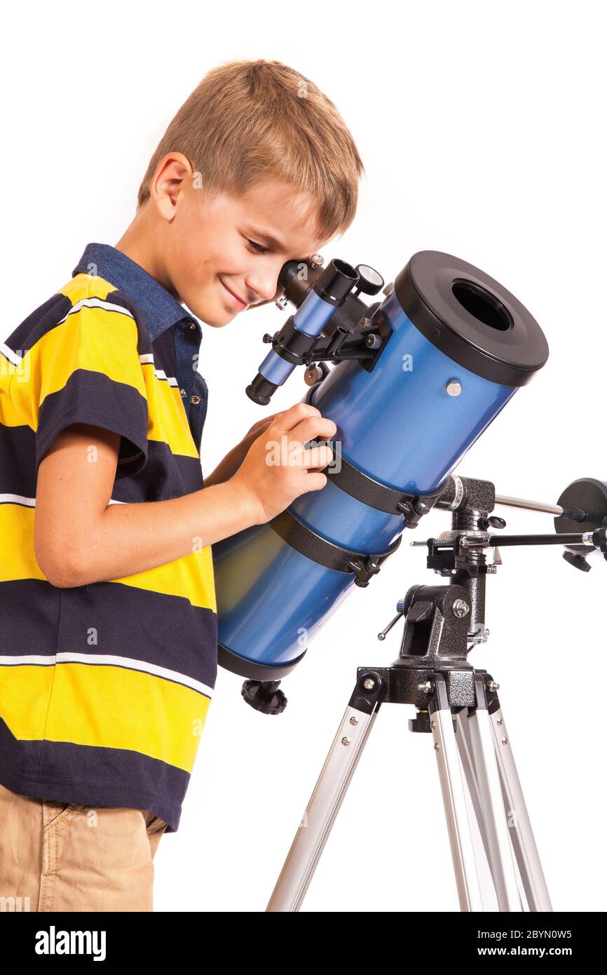Child Looking Into Telescope on white Stock Photo - Alamy