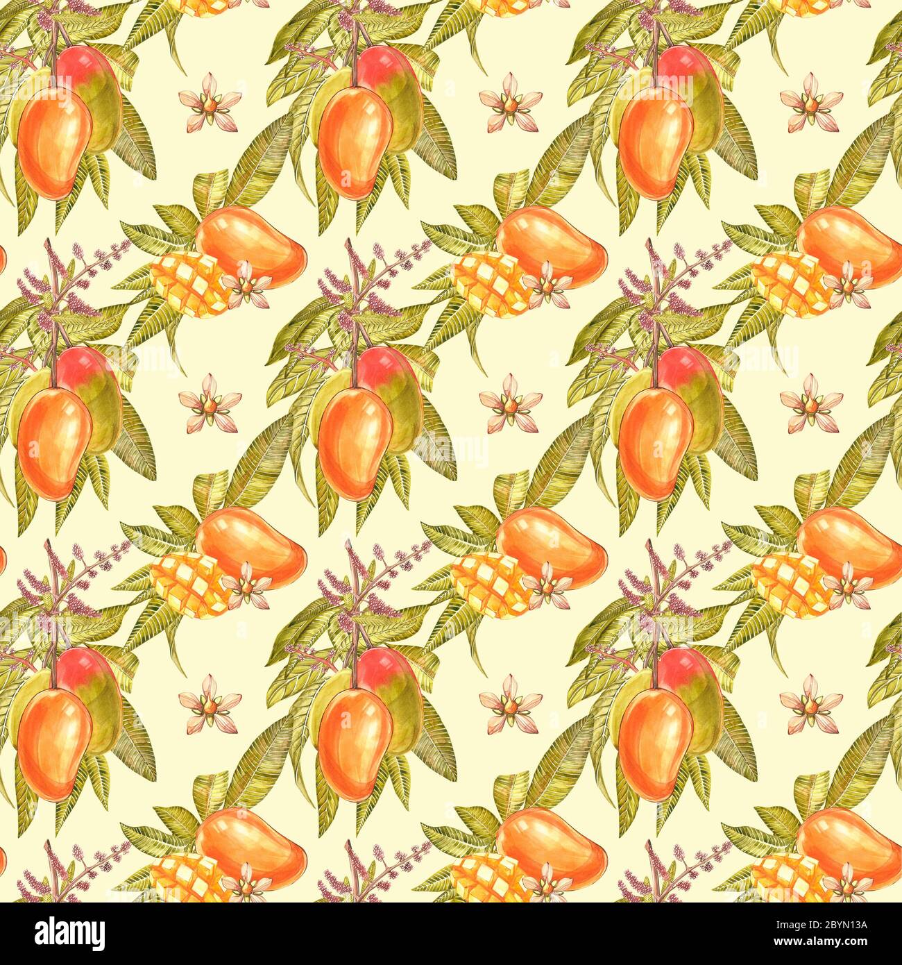 Mango tree vintage seamless pattern. Mango Fruit Watercolor botanical ...