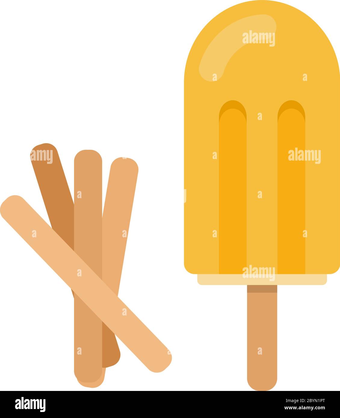 Yellow ice cream on a stick with wooden ice cream sticks flat isolated ...