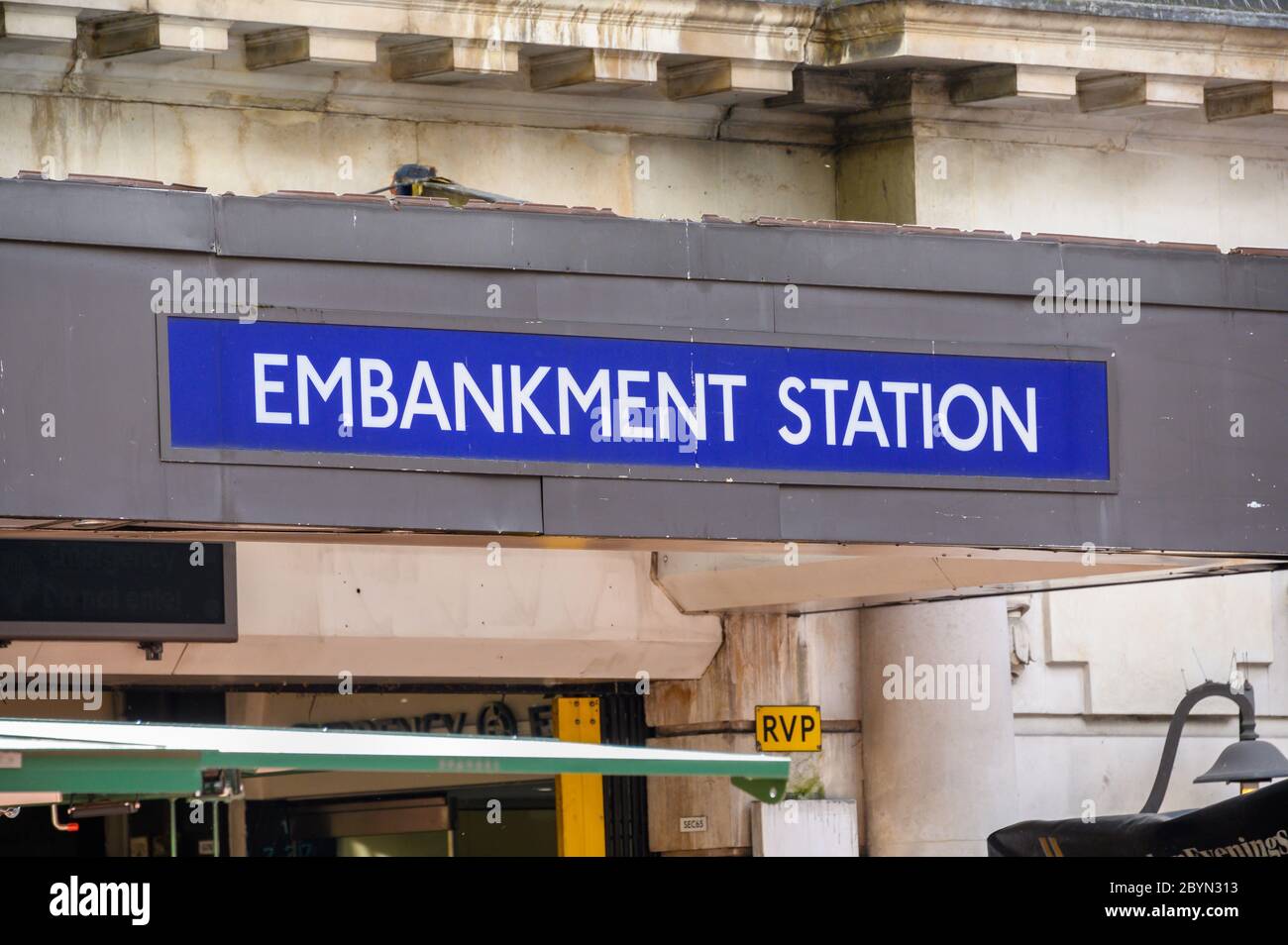 LONDON - SEPTEMBER 23, 2019: Sign above the entrance to Embankment ...