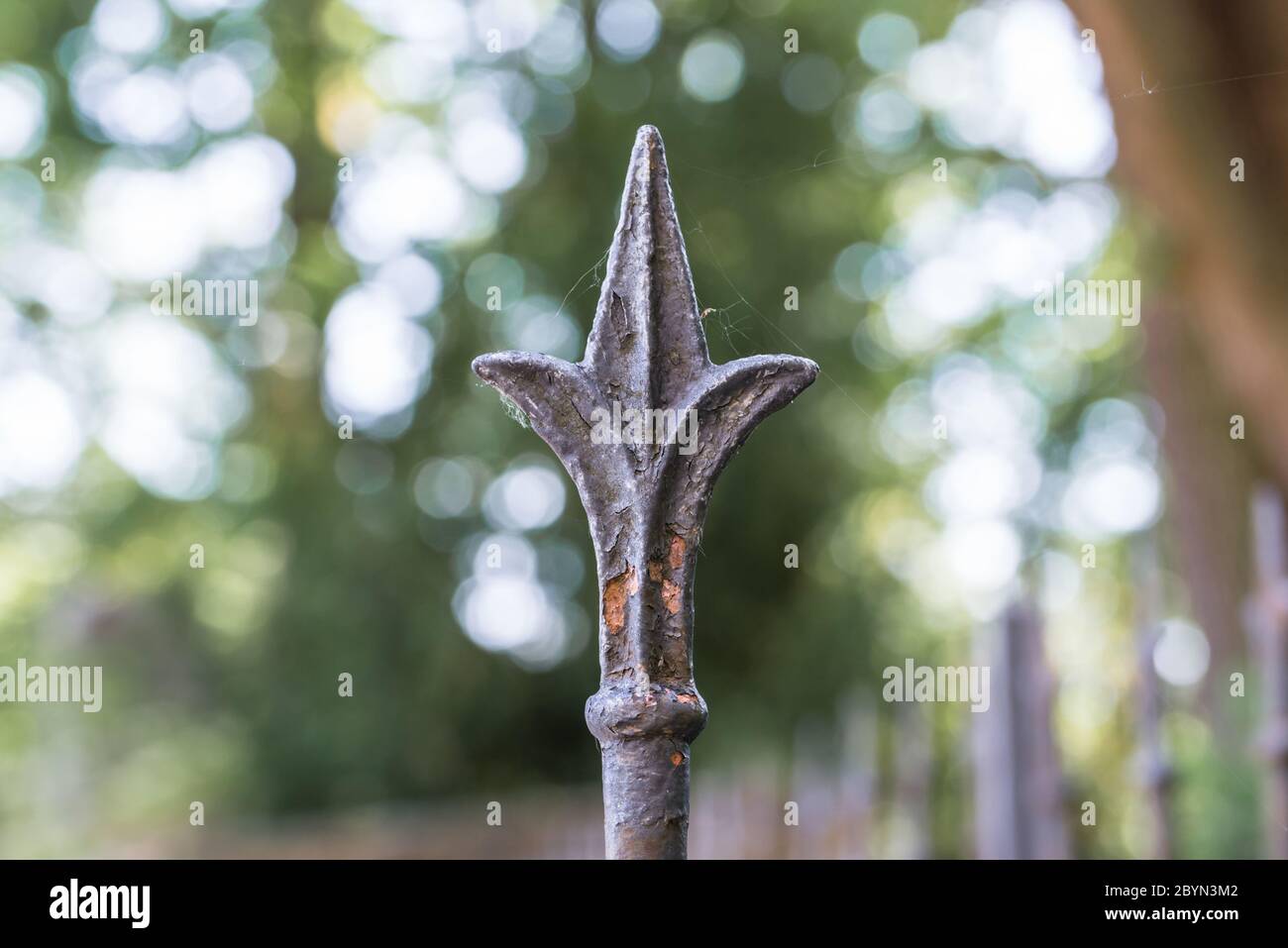 Close-up of a forged fence tip and gate tip made of wrought iron of a ...