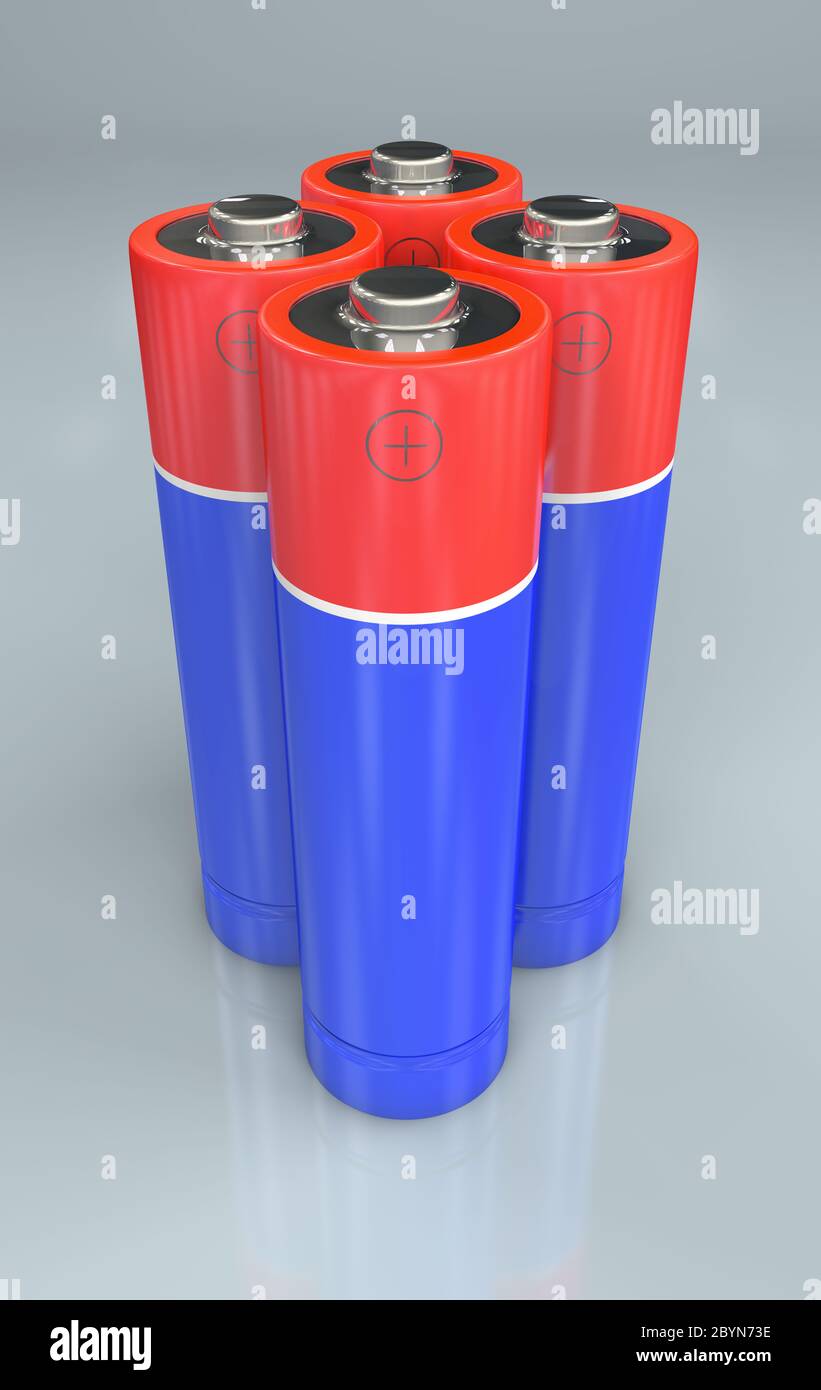 3d Illustration of four standing red and blue batteries Stock Photo - Alamy