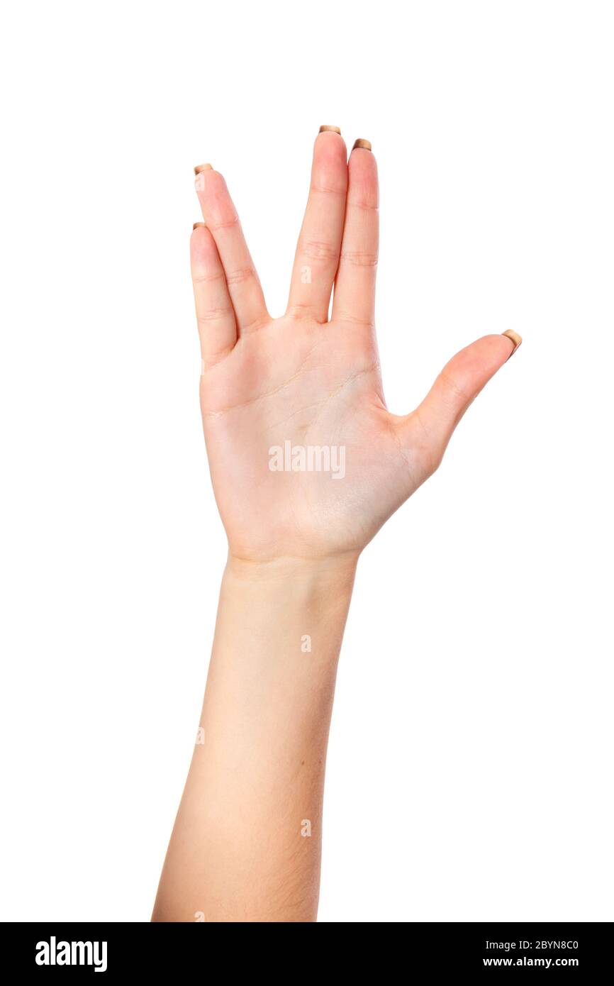 Female palm hand vulcan gesture, isolated on white Stock Photo - Alamy
