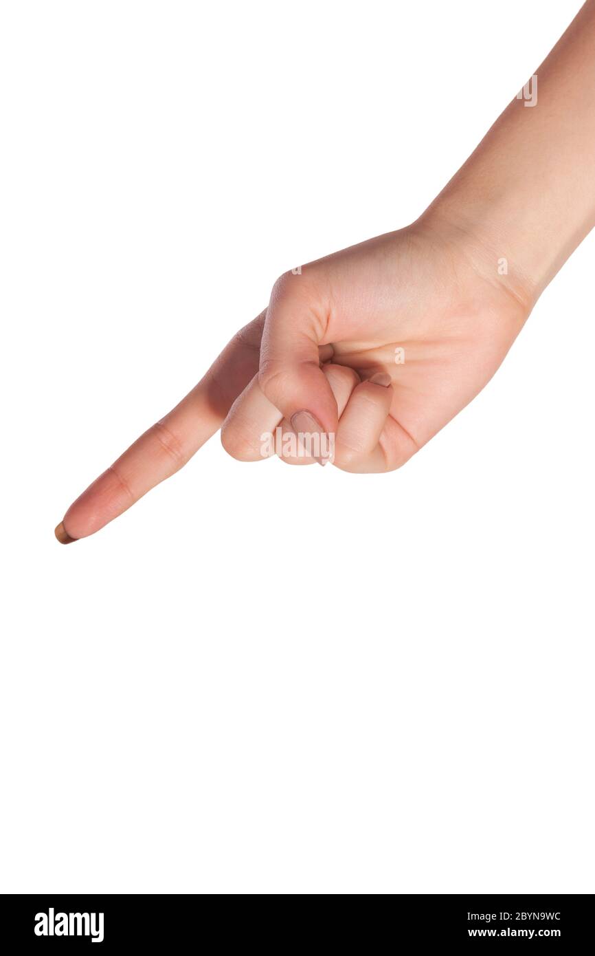 Woman index finger on a white background Stock Photo - Alamy