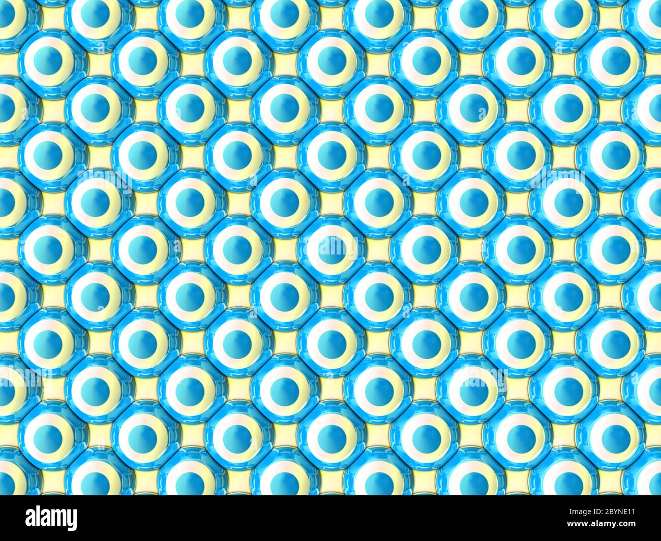 Symmetrically side by side distributed blue and white colored spheres ...