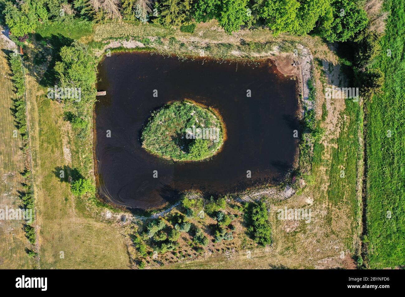 Abstract vertical aerial view of a small pond with a tiny round island ...
