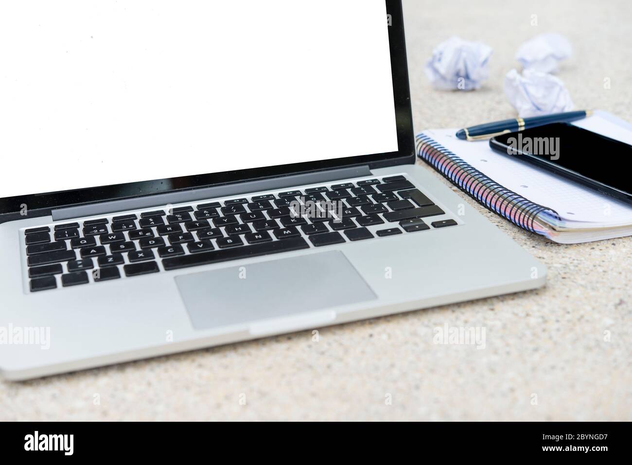 crumpled paper, notebook, computer and pencil Stock Photo - Alamy