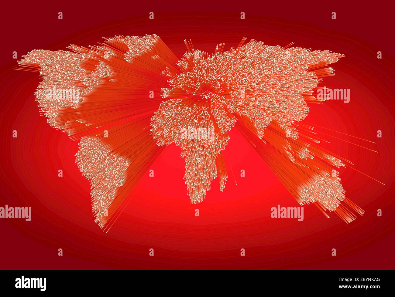 3d illustration of a heavy extruded red world map consisting of points ...
