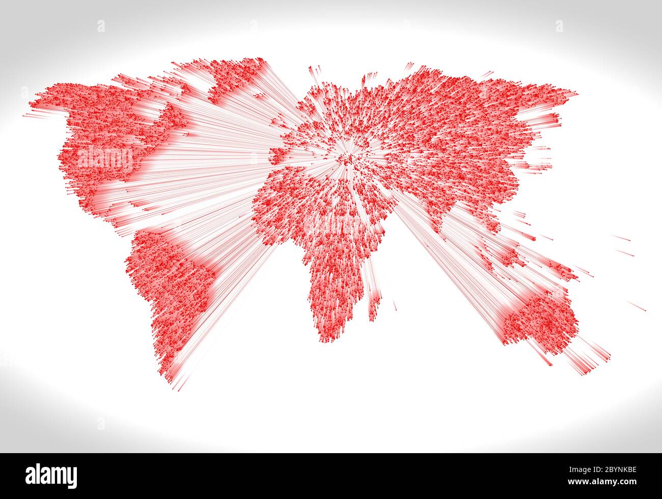 3d illustration of a heavy extruded red world map consisting of points ...