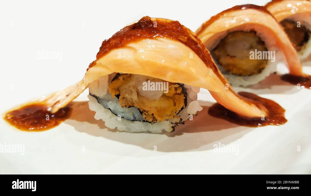 close-up traditional japanese sushi rolls salmon saikyo sushi Stock ...