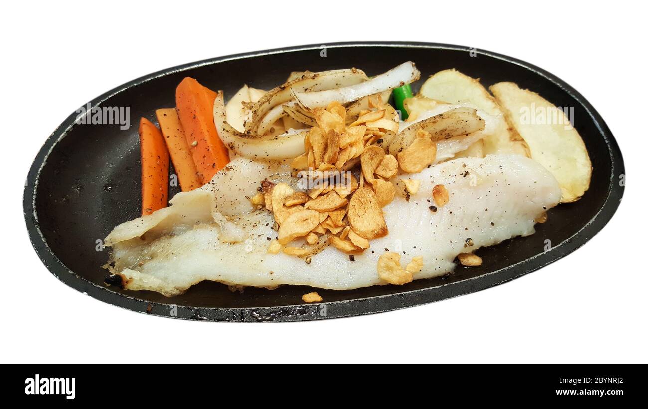 dolly fish in black plate isolated on background with clipping path ...