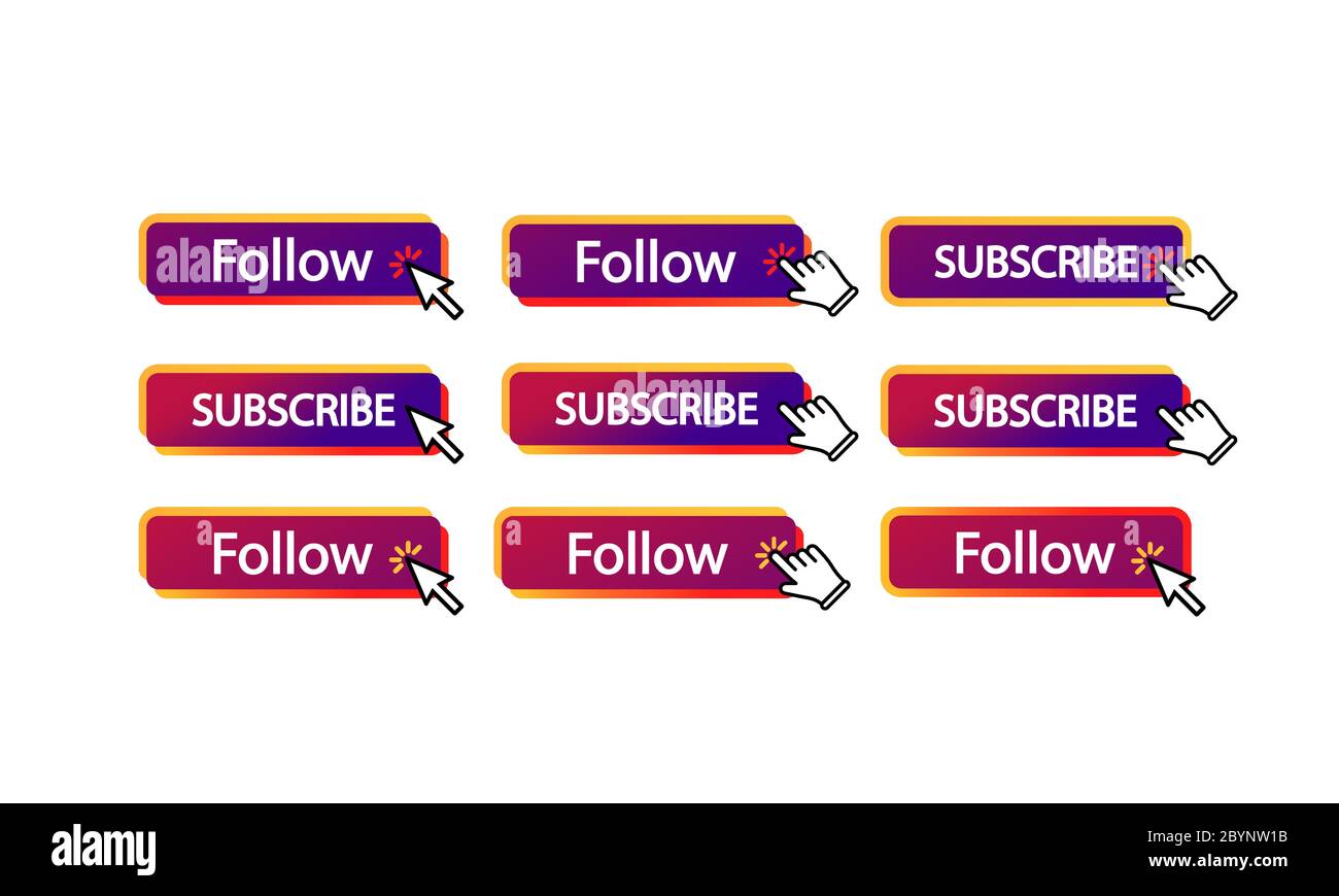 Follow, subscribe button with cursor, mouse pointer. Button template ...