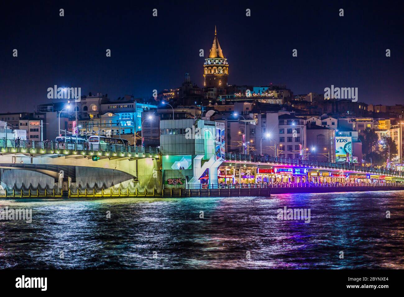View of Istanbul and Galata tower and bridge at night Stock Photo - Alamy
