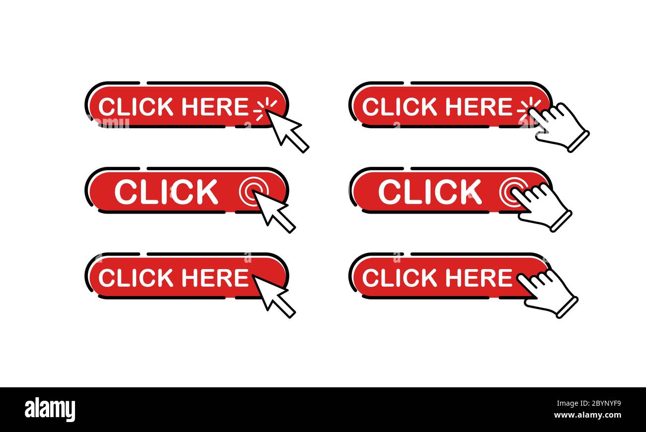 Click here button in red with mouse pointer, hand clicks or hand cursor icons set flat on ...