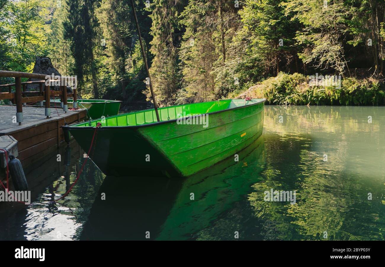 Close-up of a green boat in The Kamnitz Gorge, Bohemian Switzerland ...